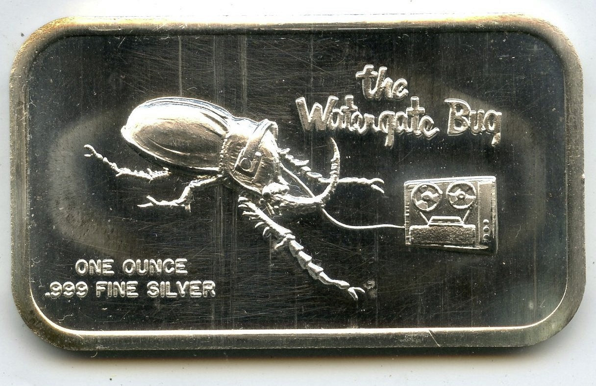 Watergate Bug 999 Silver 1 oz Art Bar Ingot Medal Political Satire - P ...