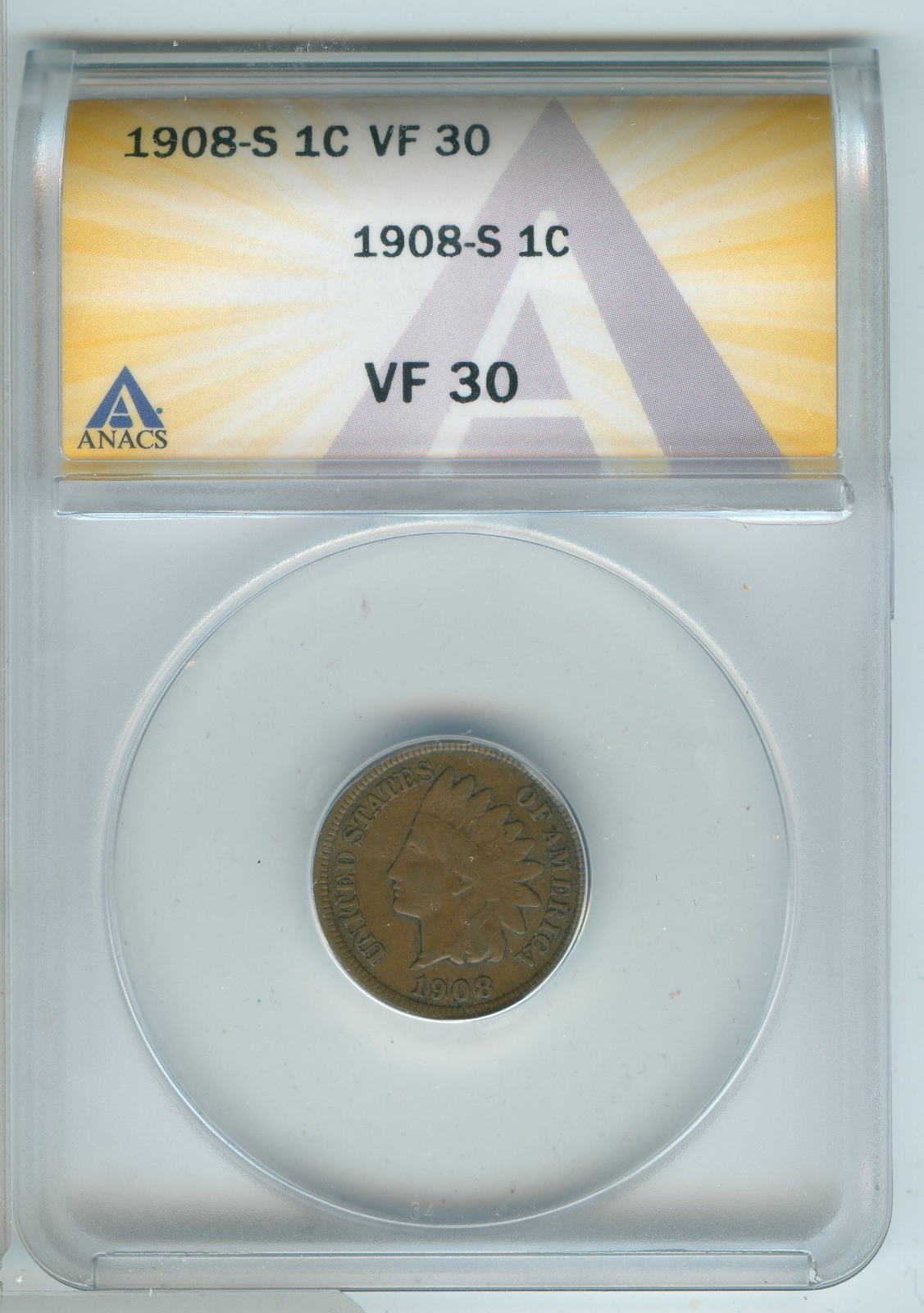 1908-S Indian Head Cent ANACS VF30 Certified Coin- RK123 | Kedzie Koins