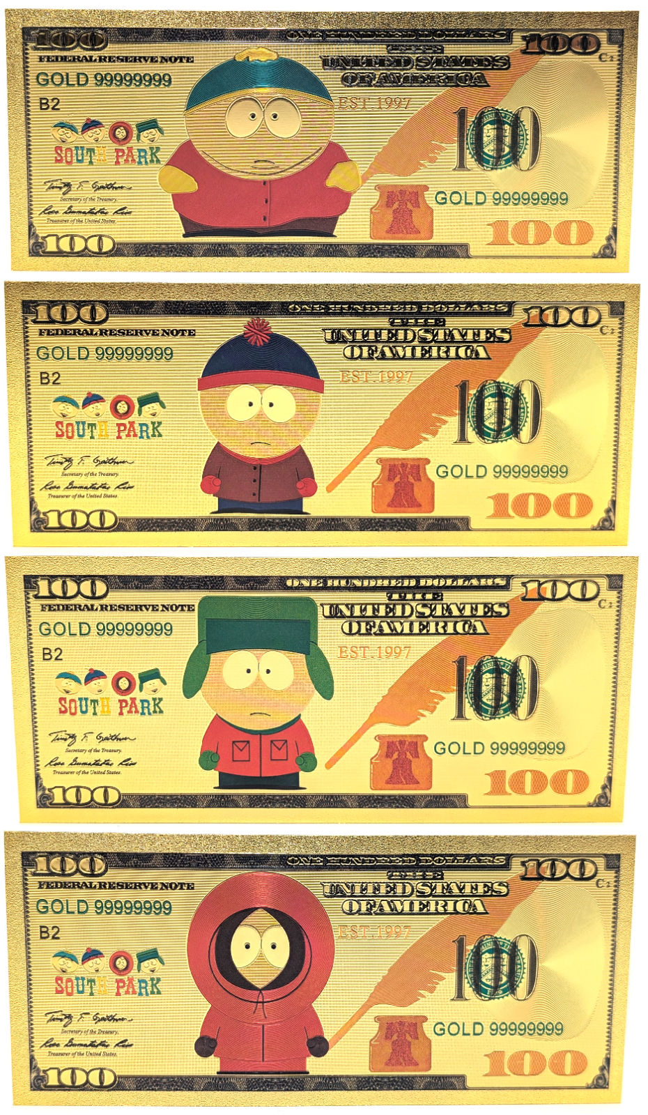 South Park Cartman Stan Kyle Kenny $100 Dollars 24K Gold Plated Bills ...