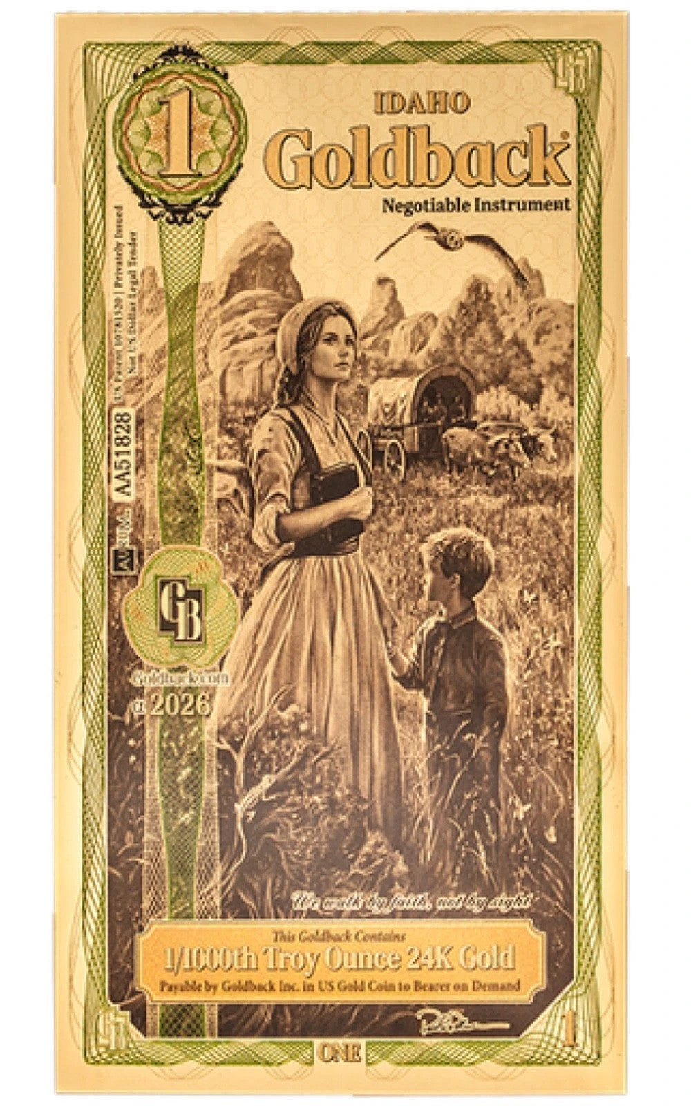 Idaho 1 Goldback 2026 Gold Foil Note 1/1000th Troy Oz 24KT Currency Bu ...